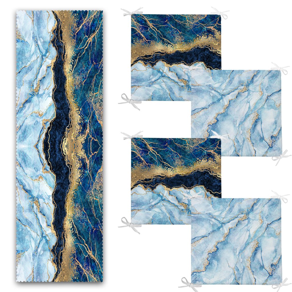 Mavi Mermer Tasarımlı 4 Fermuarlı Sandalye Minderi ve 1 Runner Seti ...