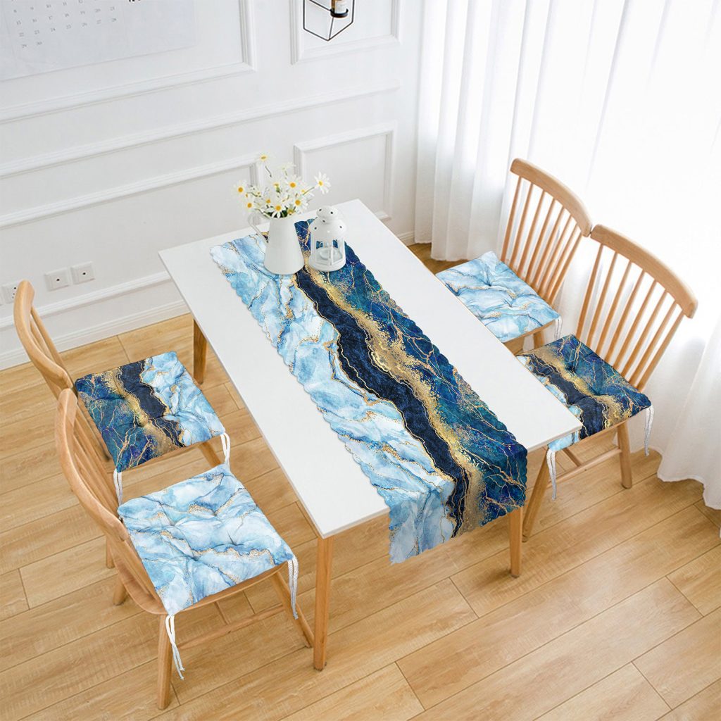 Mavi Mermer Tasarımlı 4 Pofuduk Sandalye Minderi ve 1 Runner Seti ...