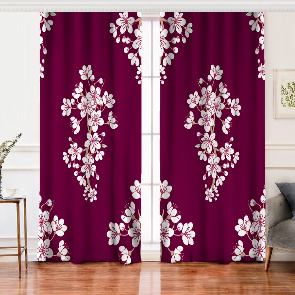 Realhomes Bordo Zemin Üzerinde Beyaz Renkli Çiçek Desenli Dijital ...