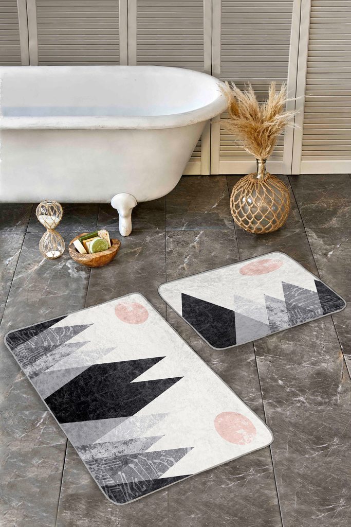 2'li Set Gri – Beyaz Zeminde Kanvas Motifli Modern Desenli Bohem Sade & Şık 2'li Banyo & Mutfak ...